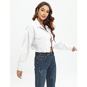 Gacaky Womens Casual Solid Color Ripped Distressed Cropped Denim Jean Jacket Coat With Frayed Hem White S