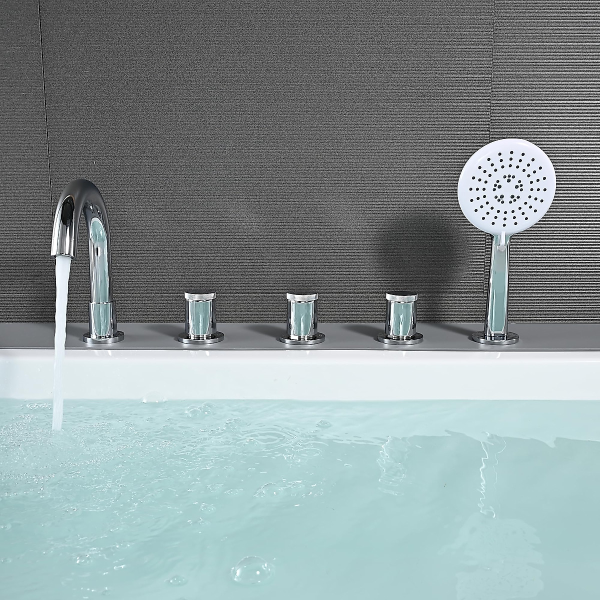 5 Hole Bathtub Faucet Chrome, Roman Tub Faucet with Sprayer, Deck Mount Tub Faucet, Three Handle Tub Faucet Set, High Flow Bath Tub Faucet Brass Tub Filler - JIAENLEMA