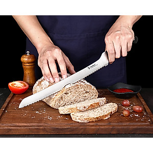 HUMBEE, 12 inch Offset Bread Knife Serrated Knife Wave Edge Blade,Black