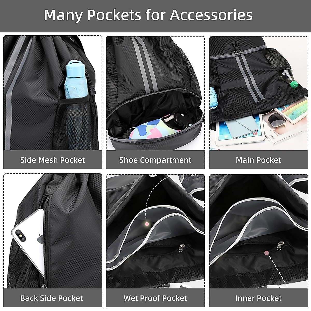 Valleycomfy Sports Drawstring Backpack - Water Resistant String Bag with Side Mesh Pockets Shoe Compartment Gym Backpack for Women & Men Navy Blue