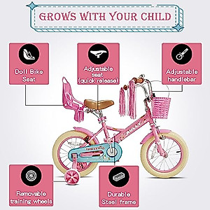 RULLY 14 Inch Kids Bike for 3 4 5 Years Girls with Training Wheels & Front Handbrake, Kids Bicycle with Basket Bike Streamers Toddler Cycle Bikes, Pink
