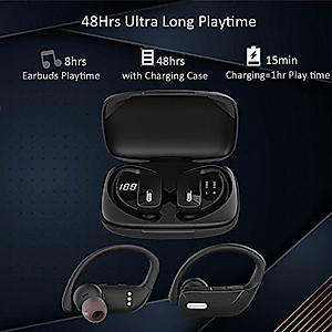 AXX Wireless Earbuds Headphones, Bluetooth IPX5 Waterproof Sport Earphones with Charging Case, Deep Bass Ear Hooks Noise Cancelling Earphones for Gym Running Gaming, Black