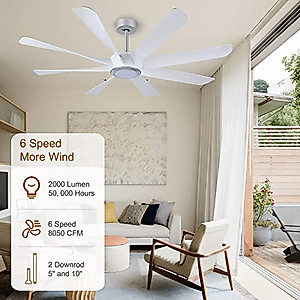OFANTOP 60 Inch Smart Ceiling Fan with Light Remote Control, 6 Speed Quiet DC Motor Large Modern Silver White Ceiling Fan for Living Room
