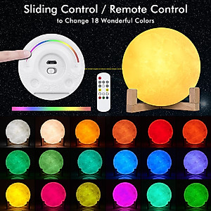 LOGROTATE Moon Lamp, Wall-Mounted Kids Night Light, 2021 Upgraded 5.96 Inch 18 Colors Sliding/Remote Control Moon Light with Unique Stand, Timing, USB Rechargeable, Wall Light Moon Decor, Best Gift