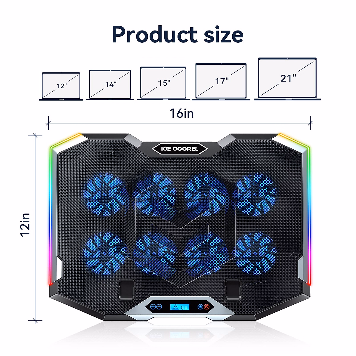 ICE COOREL Gaming Laptop Cooling Pad with 8 Cooling Fans, Laptop Fan Cooler Pad for 15-17.3 Inch, Notebook Cooler Stand with 6 Height Adjustable, RGB Cooling Pad with Two USB Port + Phone Stand