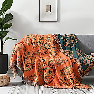 Y-PLWOMEN Boho Throw Blanket - 100% Cotton Soft Bohemian Queen Quilt Blanket for Bed, Orange Floral Reversible Throw Blanket for Couch Sofa Chair, 90"x98" Farmhouse Throw Blanket for All Season