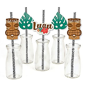 Big Dot of Happiness Tropical Luau - Paper Straw Decor - Hawaiian Beach Party Striped Decorative Straws - Set of 24