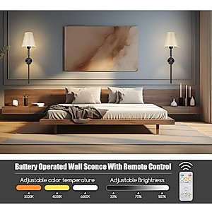 LAMPYLIFE Battery Operated Wall Sconce Set of 2 Two, Wireless Wall Sconces with Remote and Dimmable Detachable Bulbs, Rechargeable Battery Sconces Wall Decor for Bedroom Living Room Hallway (Black)