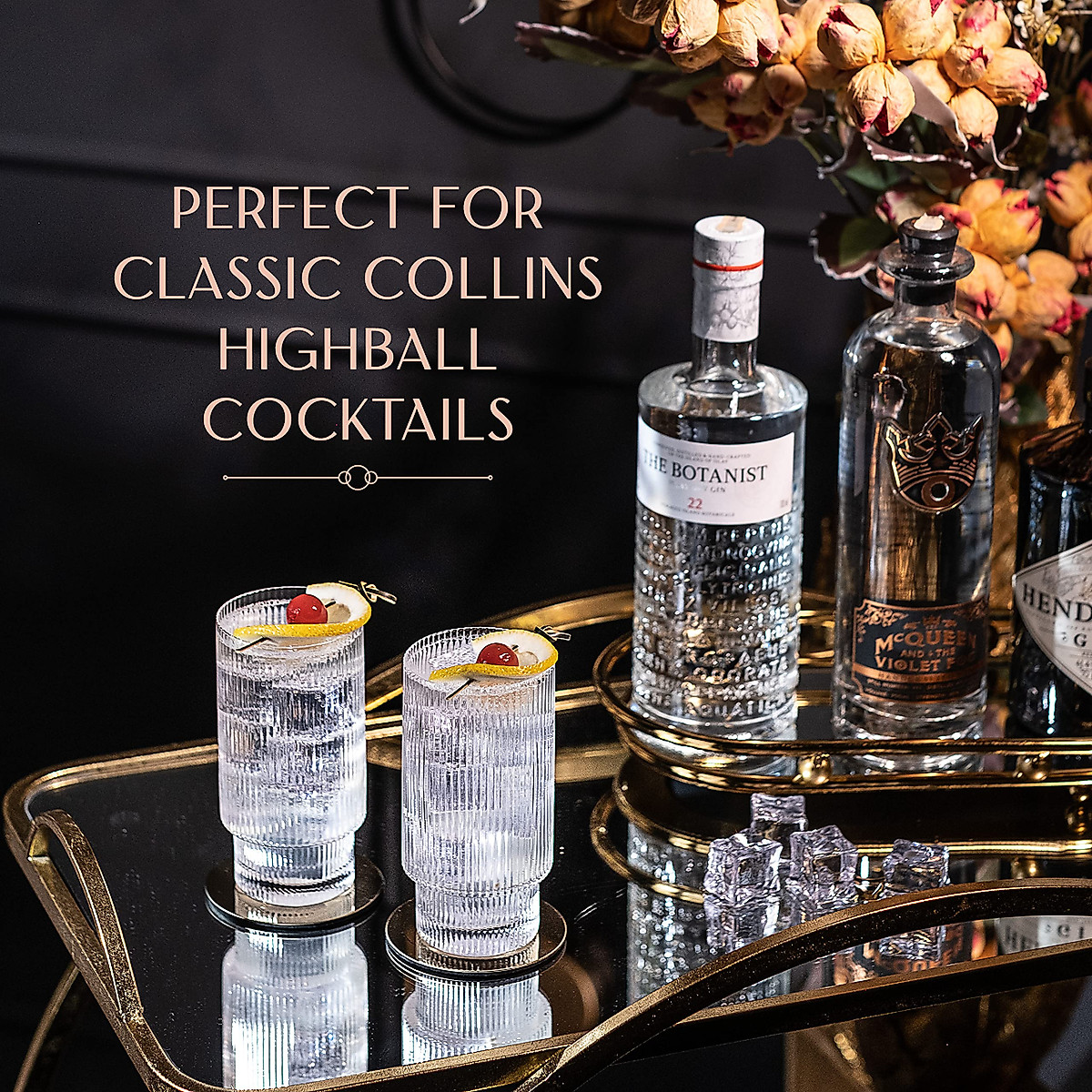 Vintage Art Deco Collins Ribbed Cocktail Glasses | Set of 4 | 14 oz Crystal Highball Glassware for Drinking Mojito, Tom Collins, Classic Hi Ball Bar Drinks | Skinny Tall Barware Tumblers