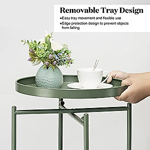 danpinera 2 Tier Metal Side Table with Removable Tray, Folding End Outdoor Small Accent Table, Anti-Rust Green Nightstand for Bedroom Balcony Patio (Dark Green)
