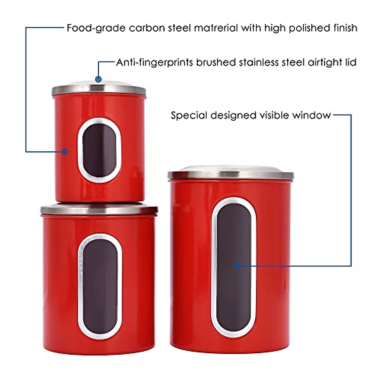 Fortune Candy Stainless Steel Canister Sets with Anti-Fingerprint Lid and Visible Window, Cereal Container Set of 3 (Raspberry Red)