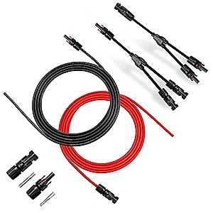 WBGADAM 20FT 10AWG Solar Extension Cable， and 1 Pair of Solar Y Branch Parallel Connectors, Included Extra Free Pair of Connectors, (20Feet Red + 20Feet Black) Connector Kit Made of Pure Copper