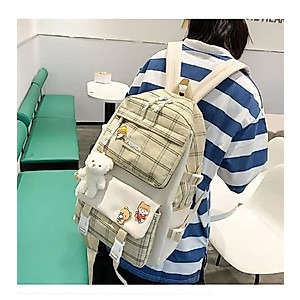 5Pcs Kawaii Canvas School Backpack Combo Set with Pear Pendant Cute Pins Tote Bag Pencil Pouch Plaid Checkered Aesthetic Laptop Schoolbag Daypack Kit Back To School (Khaki)