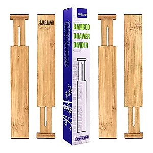 SJAELLAND 4 Pack Adjustable (13-17 inch) Stackable (2/4/6 inches) Deep Bamboo Drawer Organizer - Expandable Clothing Drawer Dividers