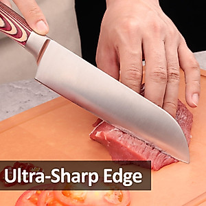 LUVCOSY Santoku Knife, 7 Inch Japanese Chef Knife with Ergonomic Pakkawood Handle, Stainless Steel Cooking Knife with Gift Box, Razor Sharp Home Kitchen Knife for Cutting Meat/Vegetables/Fruits/Bread