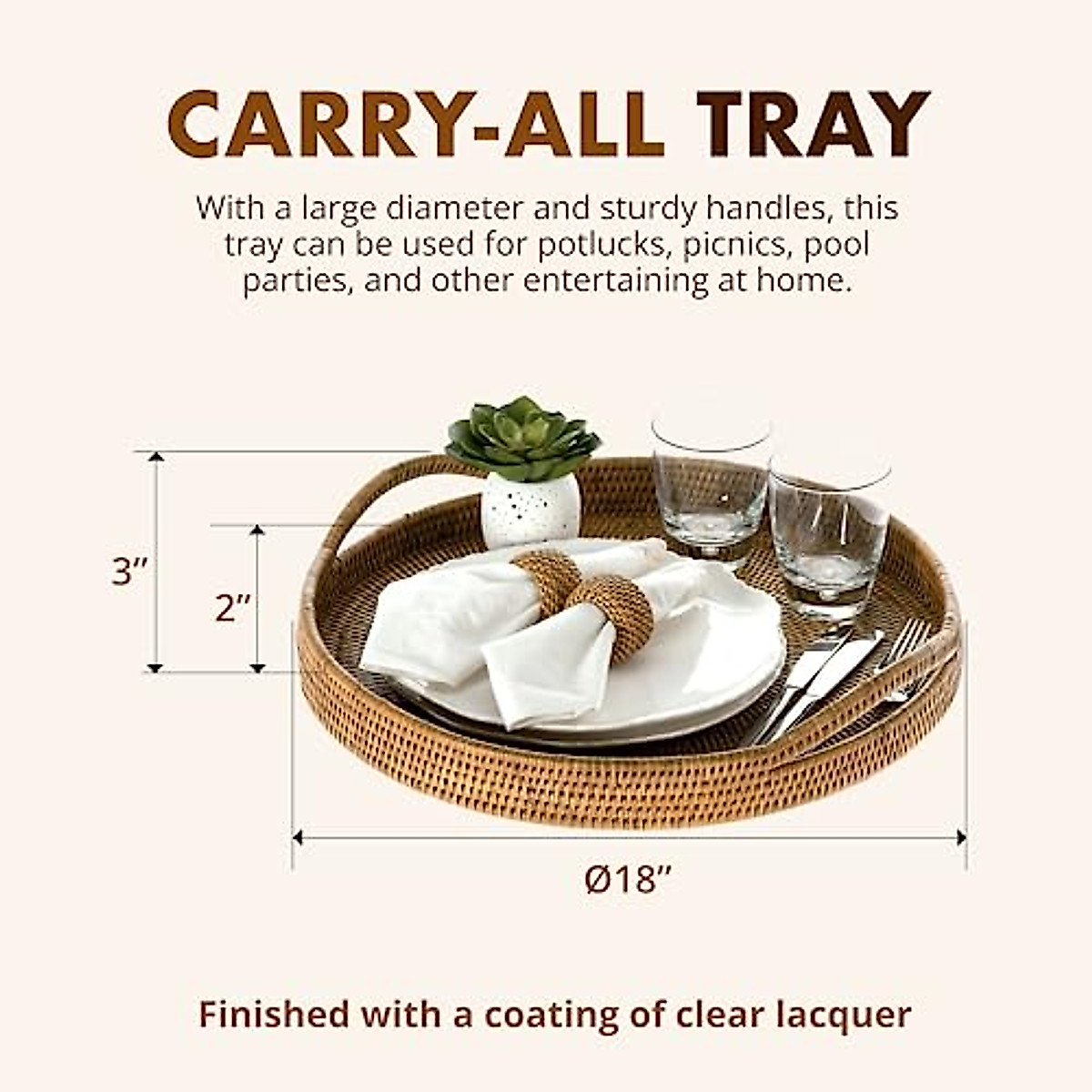 KOUBOO La Jolla Serving Tray, Brown Tray, Rattan Serving Tray, Serving Tray with Handles, Hosting Tray, Party Tray, Ottoman Tray, Tea, Living Room, Grill, Fruit, Display Tray, Servewear, Honey Brown