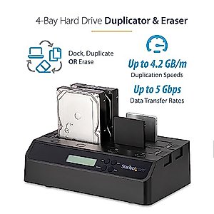 StarTech.com 4-Bay Hard Drive Duplicator and Eraser, External Standalone 1:3 HDD/SSD Cloner/Copier, USB 3.0 / eSATA to SATA Docking Station, Hard Disk Copier / Sanitizer / Wiper Tool (SATDOCK4U3RE)