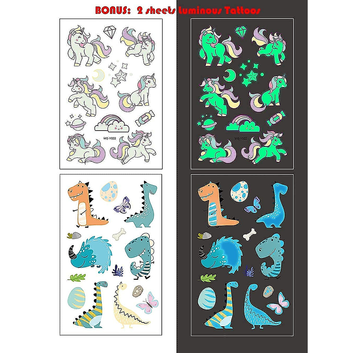 Temporary Tattoos for Kids | 120 Glitter + 20 Luminous Birthday Gift,Kids Party Favors Mermaid Butterfly Animal Dinosaur Pirate Space Fake