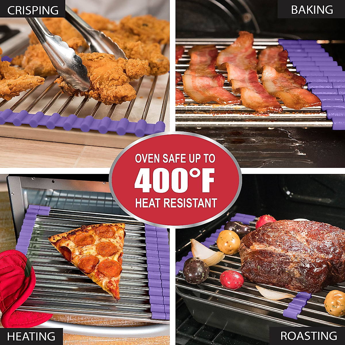 Total Rack Multipurpose Over-Sink Dish-Drying Rack, Cooling, Crisping, Roasting & Serving, Trivet, Nonslip Silicone Grips, Expandable 14" to 21" Stainless-Steel Roll Out Rack - Purple