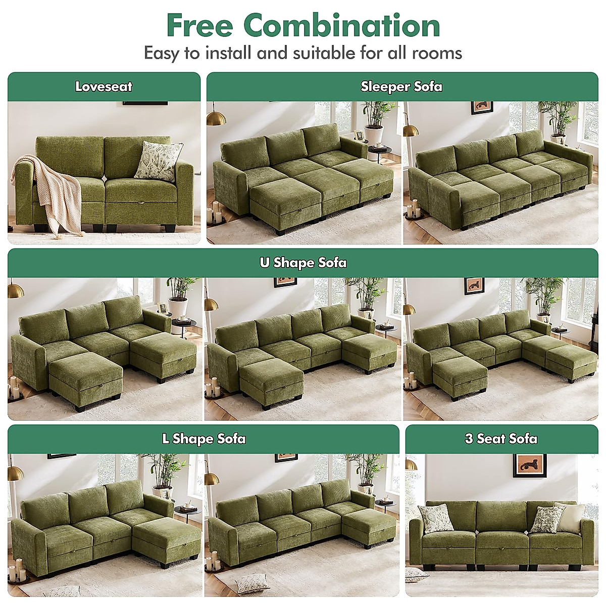 ABCASA Luxury Modular Sectional Sofa w/Storage Seat, 92" U Shaped Modular Couch with Reversible Chaise,5 Seater Sofa for Living Room, Apartment, Compact Spaces - Corduroy Green