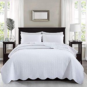 MOONLIGHT20015 Quilt Queen Size (90" x 96") with 2 Pillow Shams (20" x 26"+2") for All Seasons - 3 Pcs Lightweight Bedding Set Reversible Coverlet Embossed Quilted Bedspread (White)