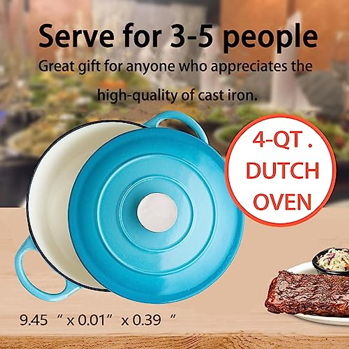 4-Quart Cast Iron Dutch Oven - Enameled Oven Pot,Cast Iron Lid, Serve for 3-5 People, Great for All Stovetops,for Baking, Roasting, Braising, Stir-frying,Easy to Clean,Blue