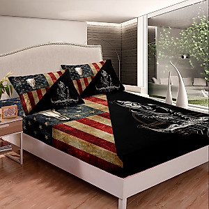 Bull Cow Skull Kids Fitted Sheet Queen Size,American Flag Retro Bedding Set,Girls Boys Adults Home Decor,Skeleton Animals Hunting Rustic Bed Cover,Black Vintage Bed Sheet,2 Pillowcases