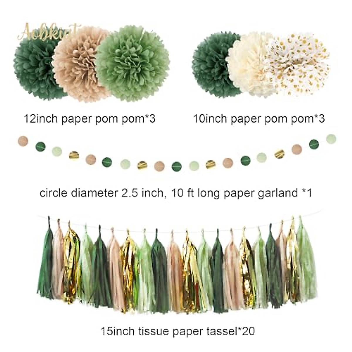 AOBKIAT Sage Green Wedding Party Decorations,28 PCS Tissue Paper Pom Poms,Circle Dots Garland Paper Tassels Hanging Backdrop for Girl Women Birthday,Bridal Baby Shower,Boho Wedding Party Supplies