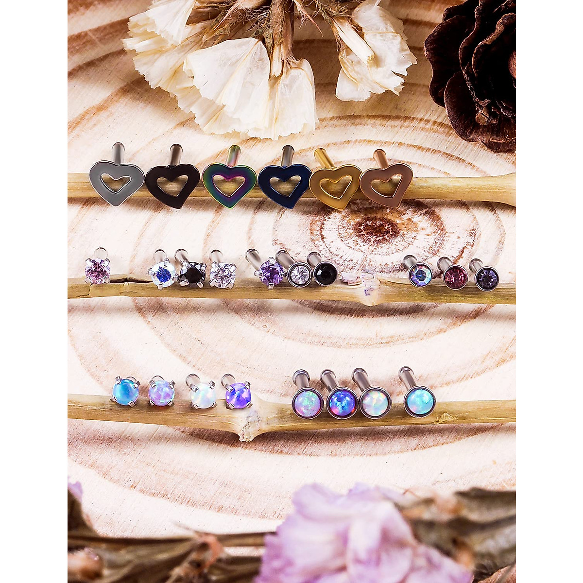 Cisyozi 18G Nose Rings Stud Piercings Jewelry for Women Stainless Surgical Steel Nose Stud 18 Gauge Opal Straight Heart Nose Nostril Ring Stud Pin Bone Piercing Jewelry Women Men Diamond 2MM 7MM