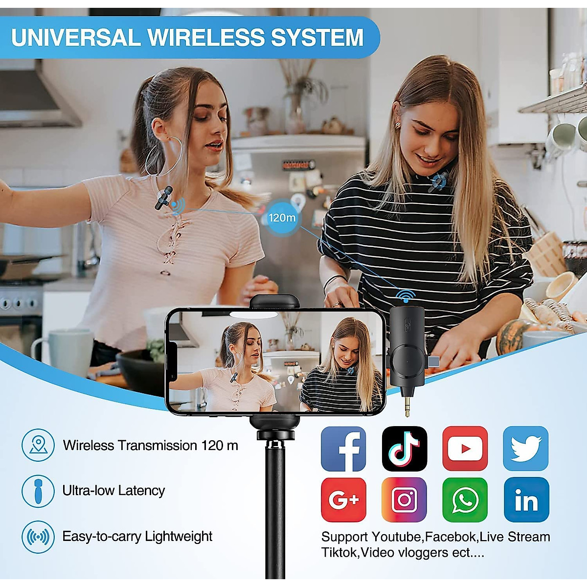 AIKELA 2 Pack Wireless Lavalier Microphone for iPhone iPad, Wireless Microphone 2.4G Ultra-Low Delay Plug-Play Built-in Noise Reduction Chip for Recording,Live Stream,Vlog,YouTube,Facebook,TikTok