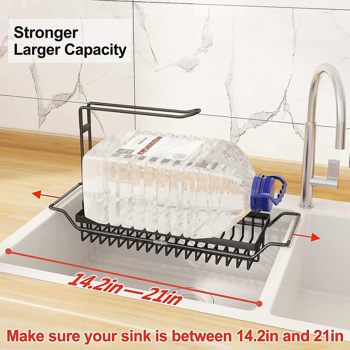Sink Caddy, Expandable Kitchen Sink Organizer,Stainless Steel Sponge Holder for Kitchen Sink,Over Sink Kitchen Caddy with Dishcloth Towel Holder,Telescopic Sink Rack for Soap,Scrubber Brush (Black)