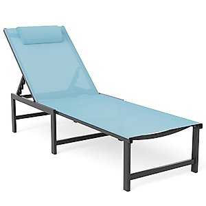 WOAJNQO Chaise Lounge Chair Outdoor,Aluminum Patio Lounge Chairs,Lounge Chairs with 5 Adjustable Backrest and Headrest Pillows for Outside Beach,Blue