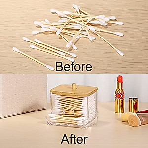 Hipiwe Acrylic Q-Tip Holder with Bamboo Lid - Clear Q-Tips Dispenser Bathroom Containers Canister Cotton Swab Holder Bathroom Countertop Storage Organizer for Q-tip Cotton Swab