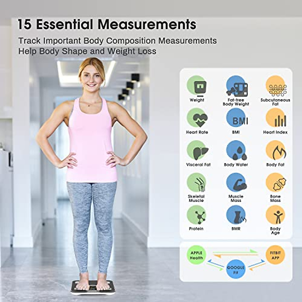 FIRINER Bluetooth Body Fat Scale with Large Display Digital Smart Scale for Body Weight and Fat BMI Heart Rate Composition 15 Body Composition Analyzer Sync with Fitness App