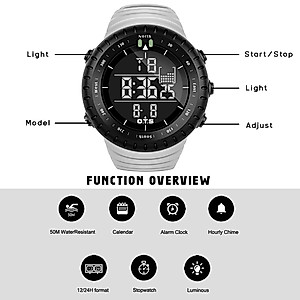 PALADA Men's Digital Sports Watch Waterproof Tactical Watch with LED Backlight Watches for Men (Grey White)