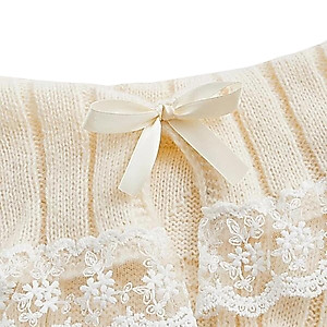 Women Off Shoulder Top Y2K Long Sleeve Lace Trim Knit Shirt Fashion Cute Solid Pullover Sweater(B-Off White Shirt,S)