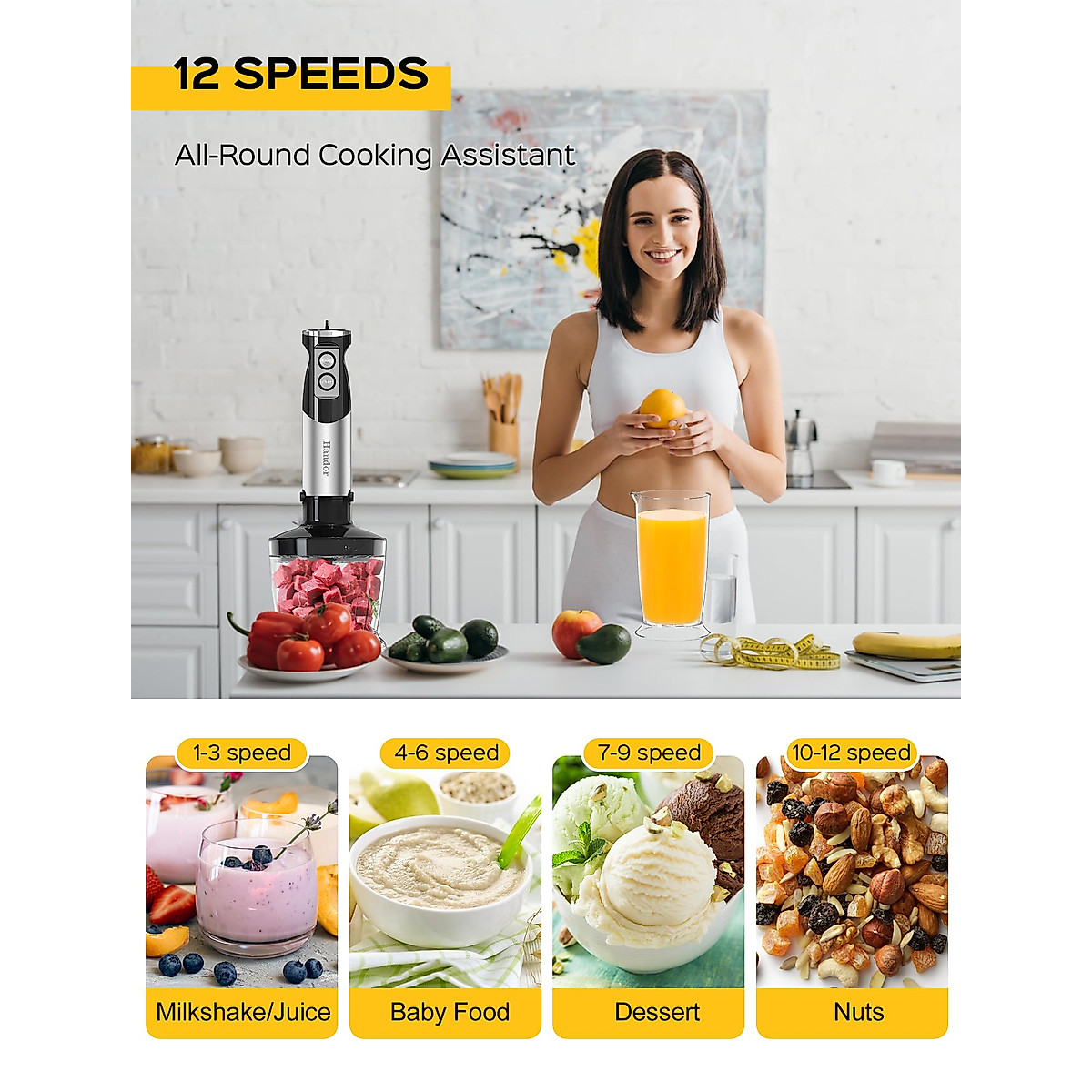 Handor 6-in-1 Hand Immersion Blender, 1000W 12 Speed Handheld Blender with 600ml Beaker, 500ml Chopper, Egg Whisk, Milk Frother, Stainless Steel Blades for Soup, Smoothie, Puree