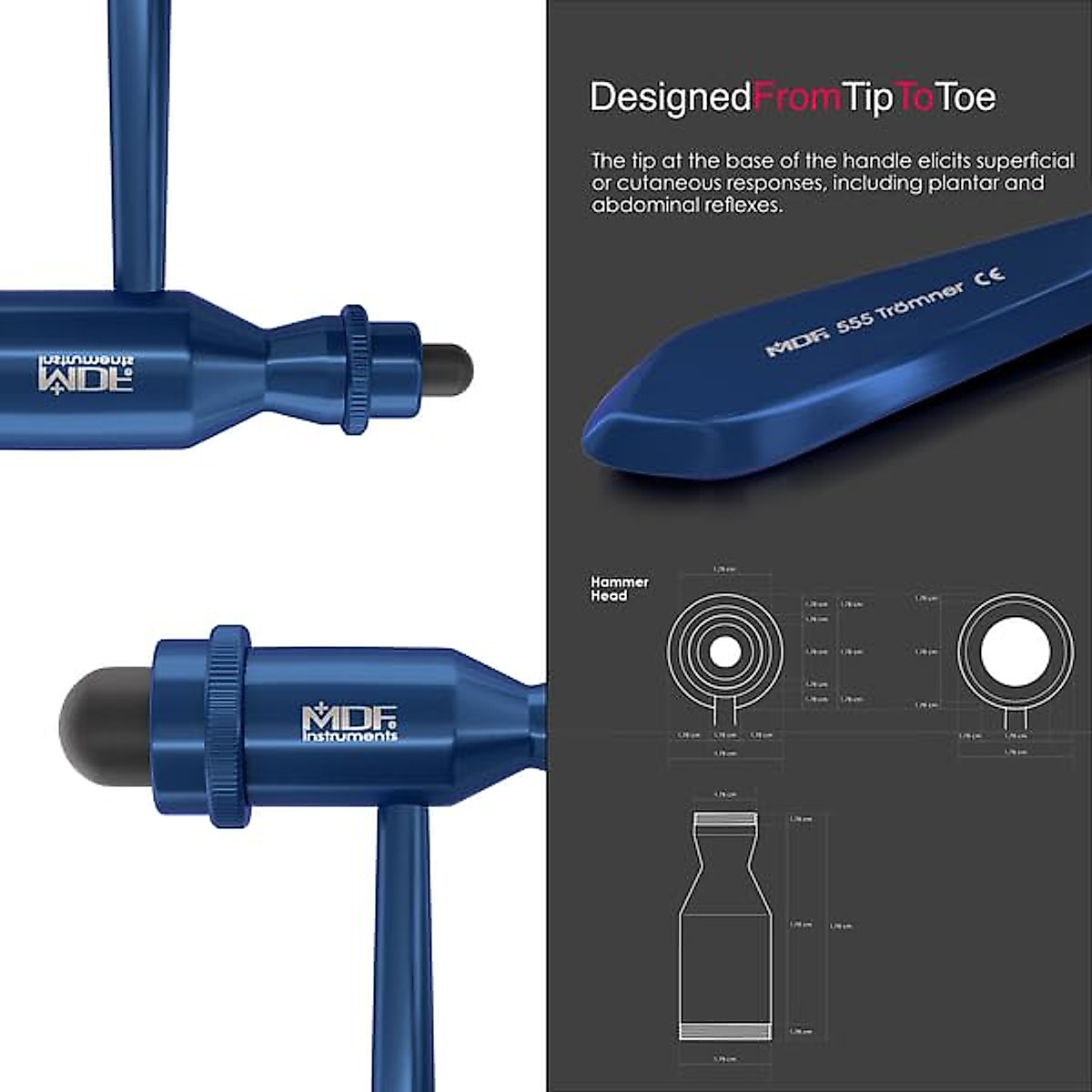 MDF Instruments, Engravable Tromner Neurological Reflex Hammer with Pointed Tip Handle for Cutaneous & Superficial Responses Personalized Custom - Free-Parts-for-Life (MDF555) (Capridium (Blue))