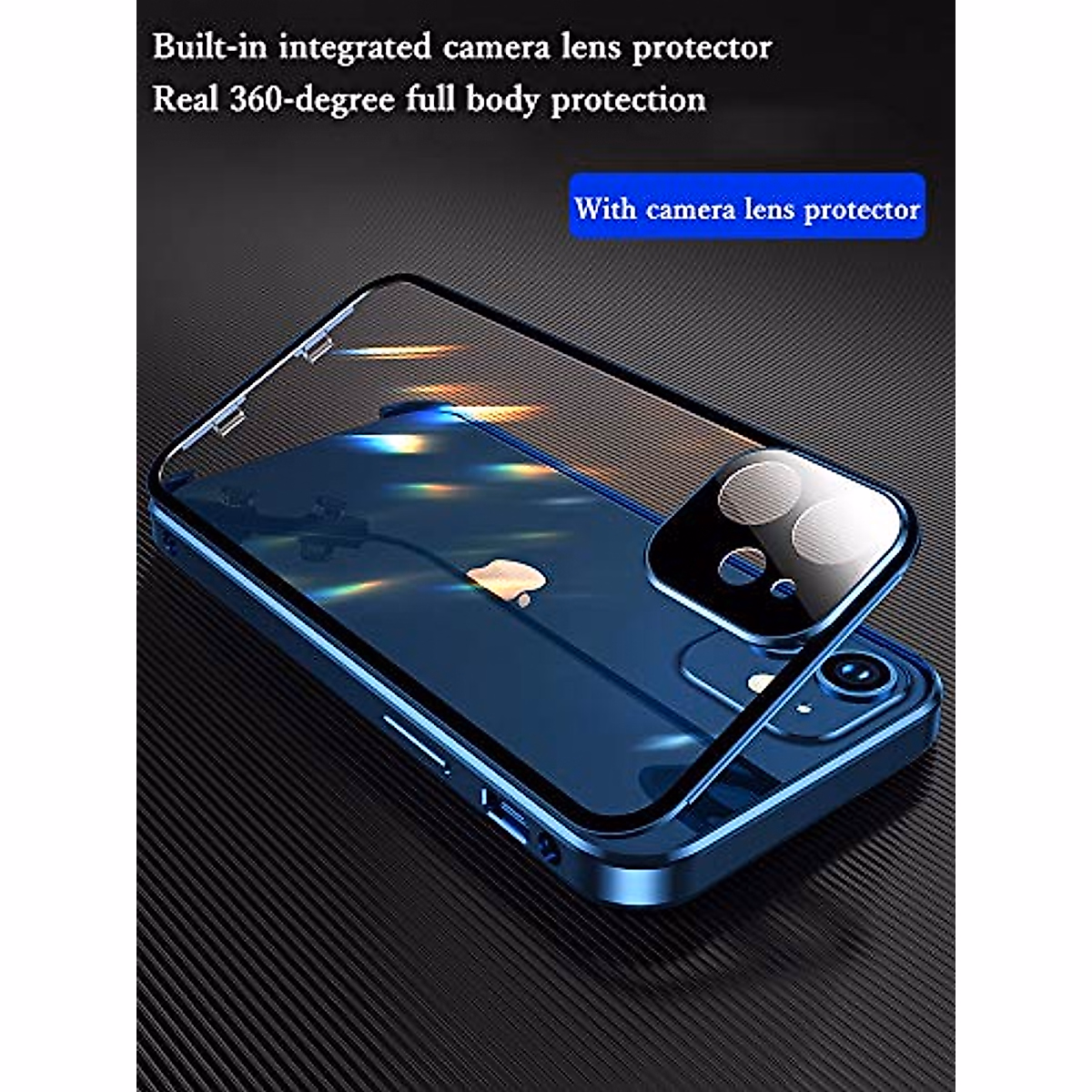 Disonbeir Lockable iPhone 12 Pro Max Anti-Peeping Case with Camera Lens Protector Privacy Screen Protector Strap Hole Aluminum Alloy Metal Bumper Case Double Lock Glass Case Cover (12ProMax, Blue)