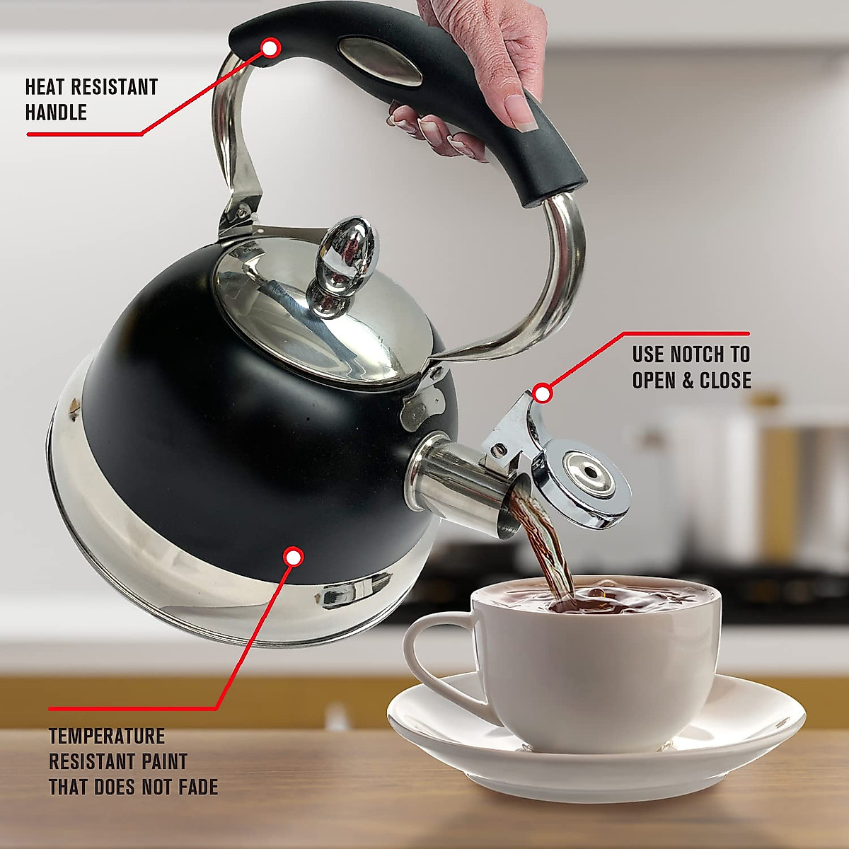 Emeril Lagasse 2.6 Quart/2.5 Liter Whistling Tea Kettle, Stainless Steel Tea Pot for Induction Stove Top, Fast to Boil Water for Home Kitchen Condo, with Ergonomic Cool Folding Grip Handle, Black Comb