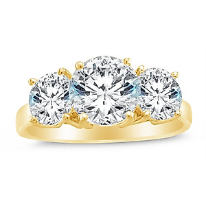Size 6.5 - Solid 14k Yellow Gold 3 Three Stone Round Brilliant Cut Solitaire with Round Side Stones CZ Cubic Zirconia Engagement Ring 2.0ct.