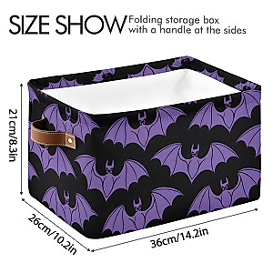 Storage Basket Halloween Purple Bat Canvas Collapsible Box Organizer Bin with Handles
