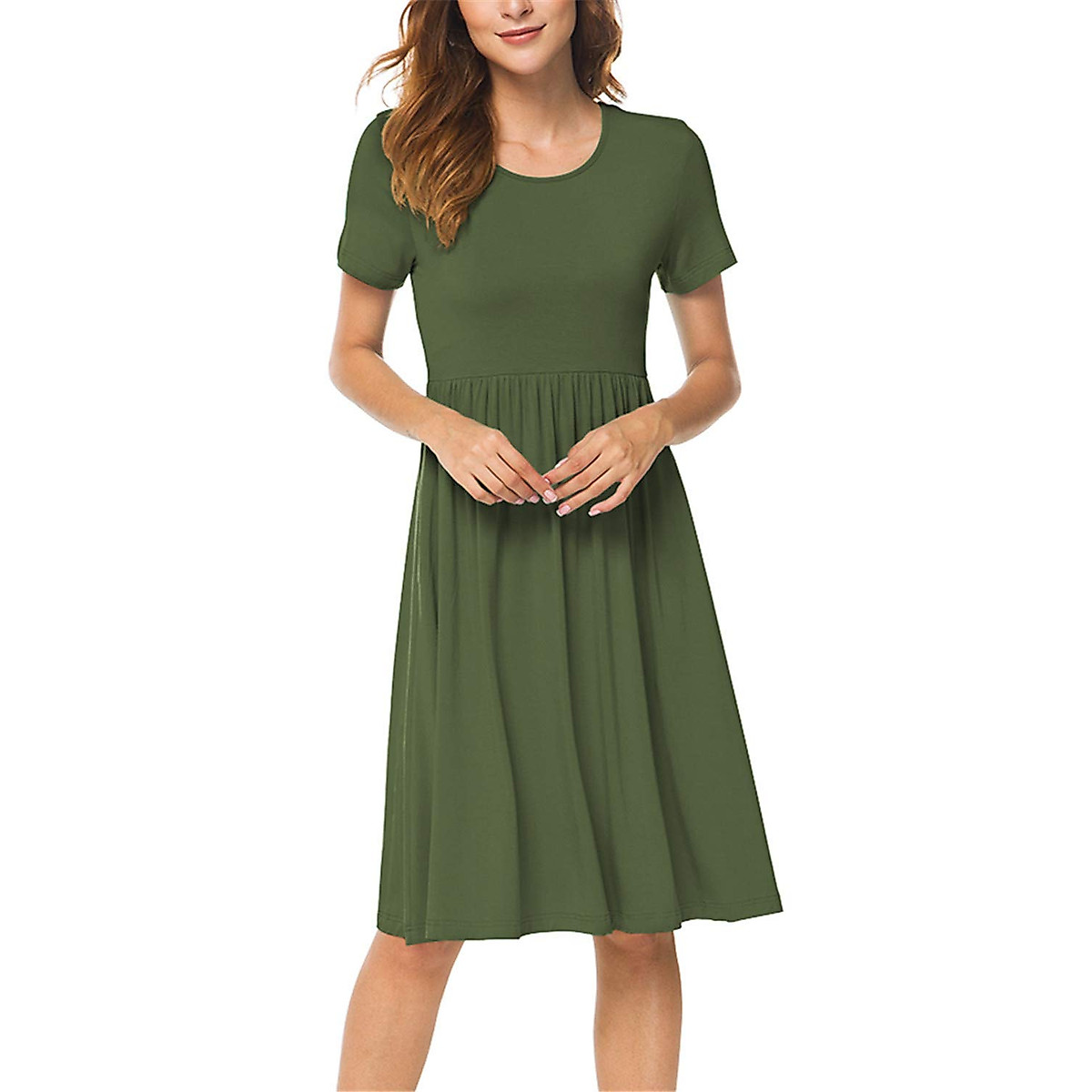 DB MOON Women Summer Casual Short Sleeve Dresses Empire Waist Dress with Pockets (Army Green, L)