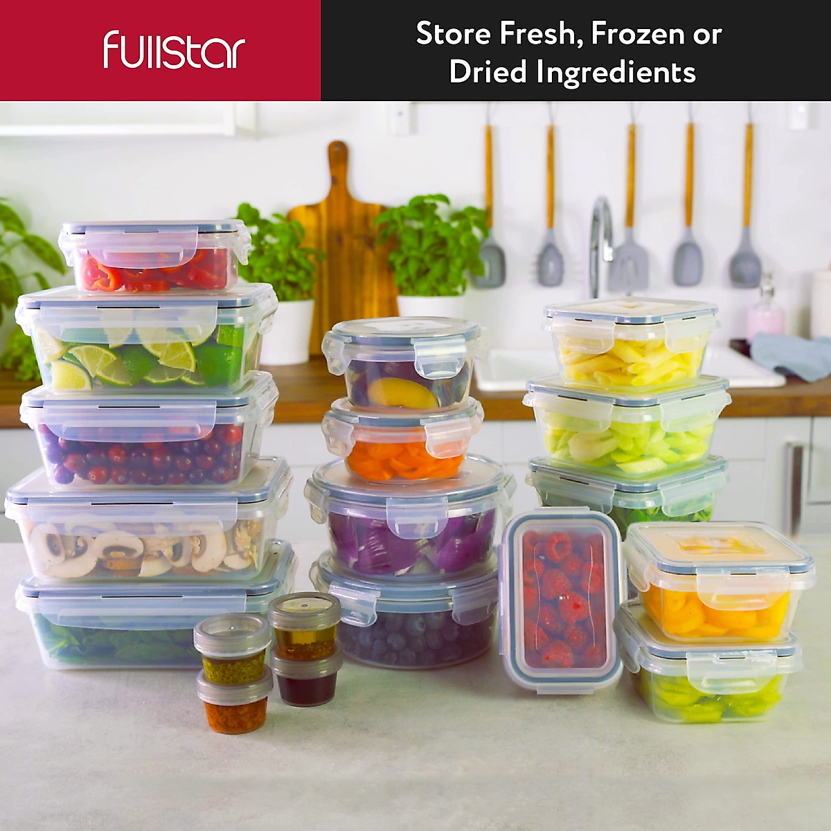 Fullstar 50-piece Food storage Containers Set with Lids, Plastic Leak-Proof BPA-Free Containers for Kitchen Organization, Meal Prep, Lunch Containers (Includes Labels & Pen)