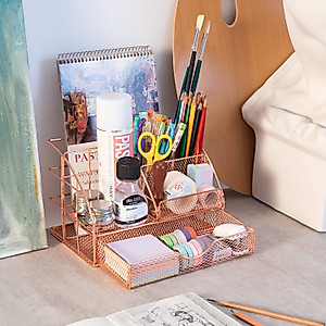 ARCOBIS Rose Gold Desk Organizer with Drawer for Women, Office Desktop Pen Holder Caddy with 5 Compartments + 1 Large Drawer | The Mesh Collection