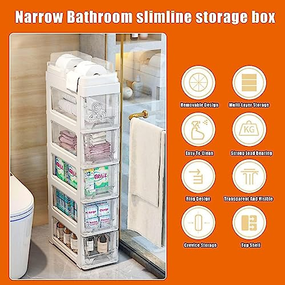 Bathroom Storage Cabinet with Doors and Shelves, Toilet Paper Storage, Waterproof Toilet Paper Storage Organizer, Narrow Storage Cabinet for Bathroom Storage,5 Tier,White top Tissue Box (5 Tier Brown