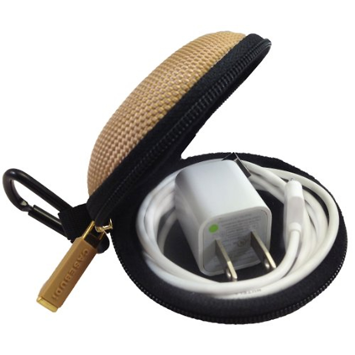 CASEBUDi Round Earbud and Phone Charger Storage Case with Carabiner | Limited Edition Gold Ballistic Nylon