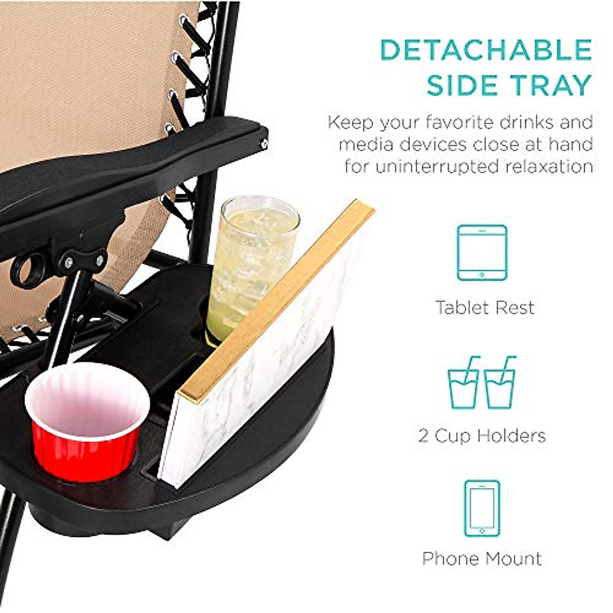 Best Choice Products Oversized Zero Gravity Chair, Folding Outdoor Patio Lounge Recliner w/Cup Holder Accessory Tray and Removable Pillow - Tan