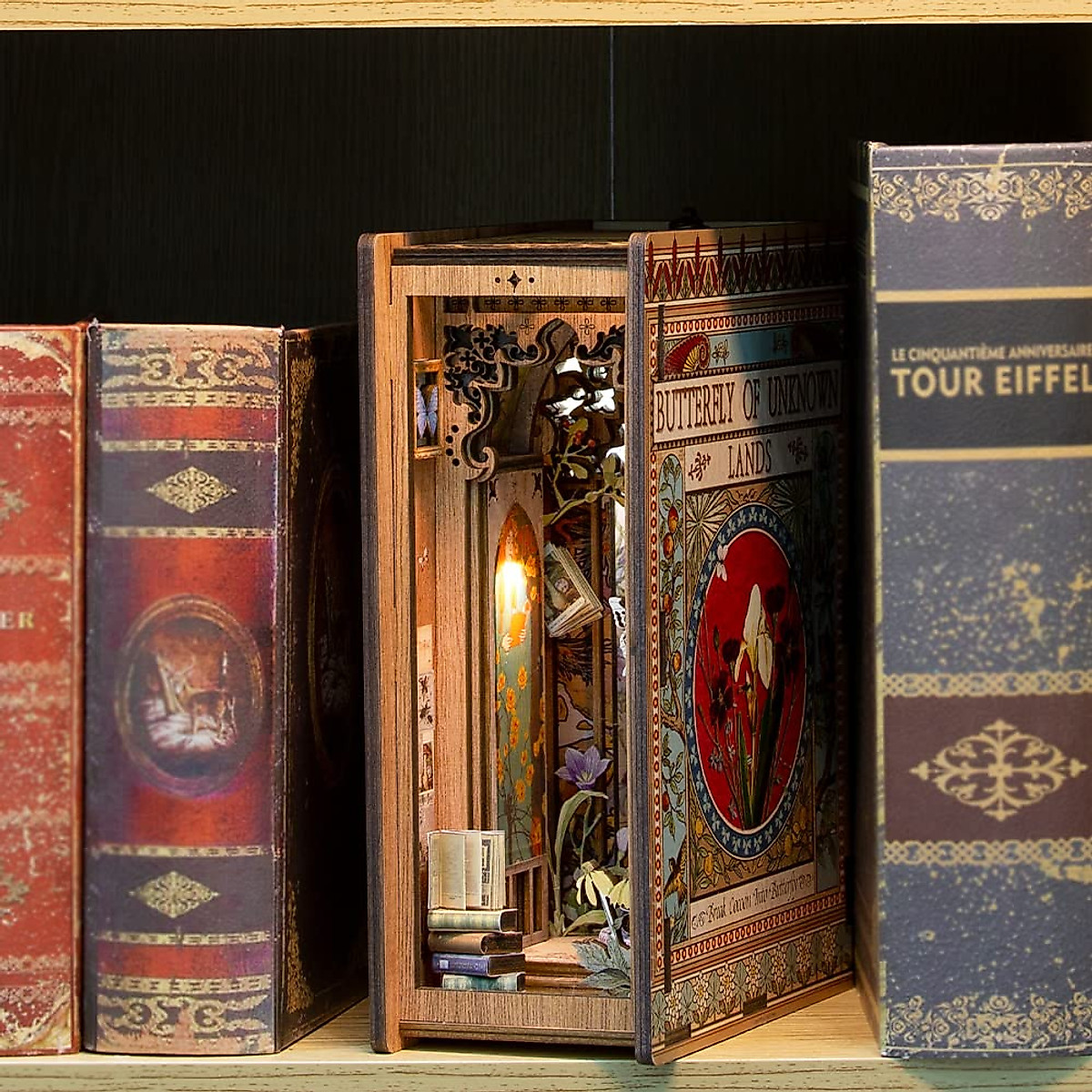 Fsolis Book Nook Kit, DIY Booknook Miniature House Kit for Adult DIY Bookend Book Shelf Decor 3D Wooden Puzzle Book Box Model Building Diorama Project Art Craft Gift for Women Kids Book Lovers