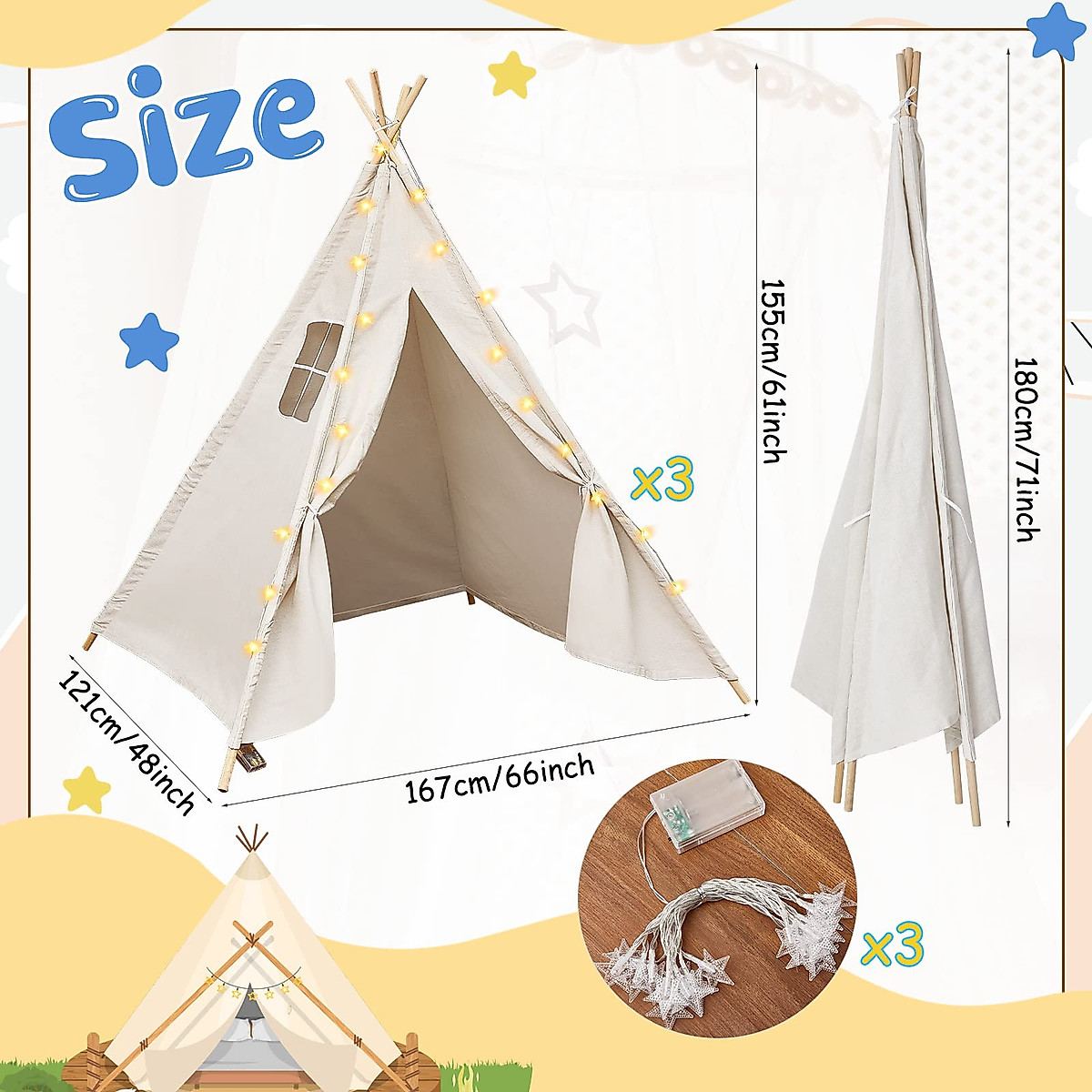 Berlune 3 Set Teepee Tents for Kids 6ft Cotton Canvas Play Tents with LED String Lights Indoor Outdoor Tents Kids Tipi Tents for Girls Boys Party Favor(3 Set, White, Ridge)